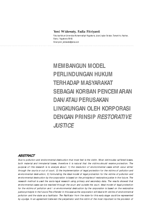 (PDF) Membangun Model Perlindungan Hukum Terhadap Masyarakat Sebagai Korban Pencemaran Dan/Atau ...