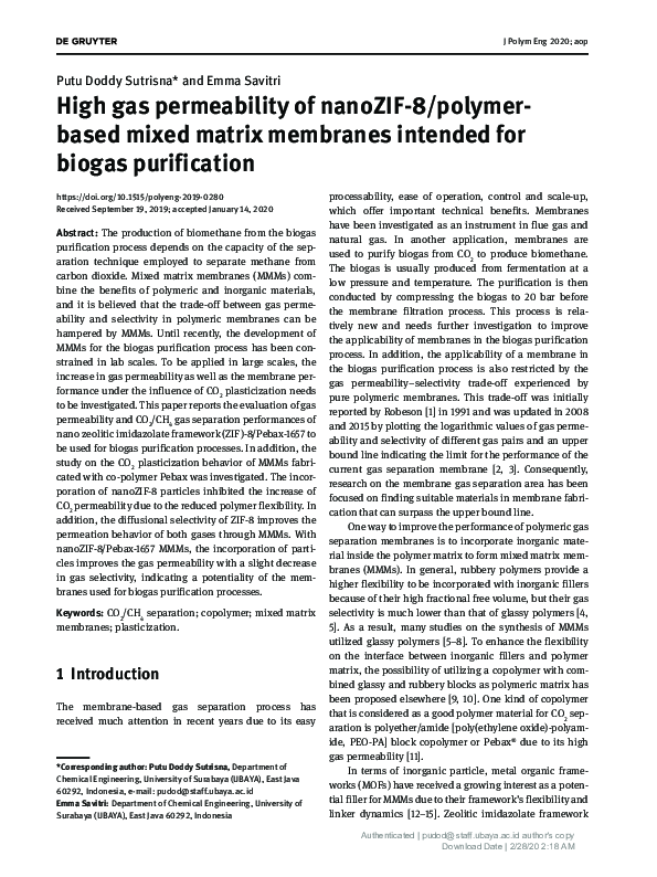 (PDF) High gas permeability of nanoZIF-8/polymer-based mixed matrix ...