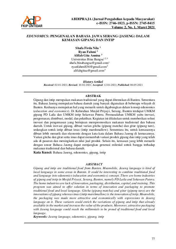(PDF) Edunomics: Pengenalan Bahasa Jawa Serang (Jaseng) Dalam Kemasan Gipang Dan Intip