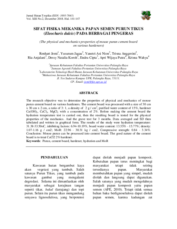 (PDF) SIFAT FISIKA MEKANIKA PAPAN SEMEN PURUN TIKUS (Eleocharis dulcis ...