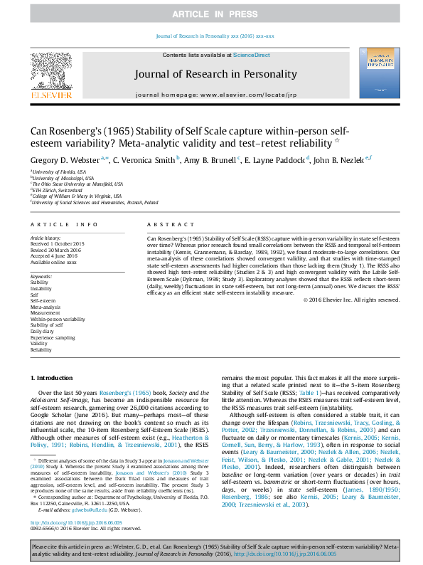 (PDF) Can Rosenberg’s (1965) Stability of Self Scale capture within ...