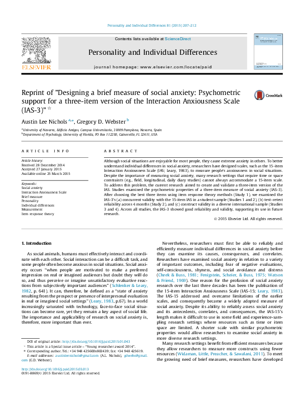 (PDF) Reprint of "Designing a brief measure of social anxiety ...