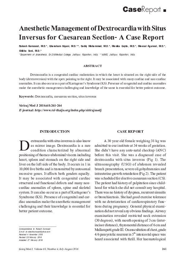 (PDF) Anesthetic Management of Dextrocardia with Situs Inversus for Caesarean Section- A Case Report