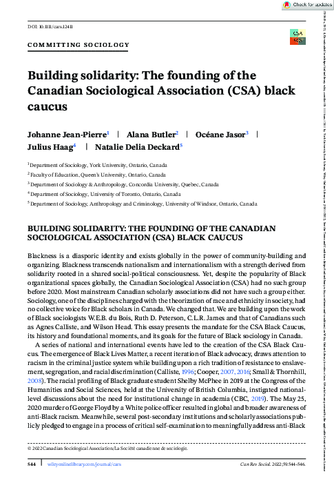 (PDF) Building solidarity: The founding of the Canadian Sociological ...