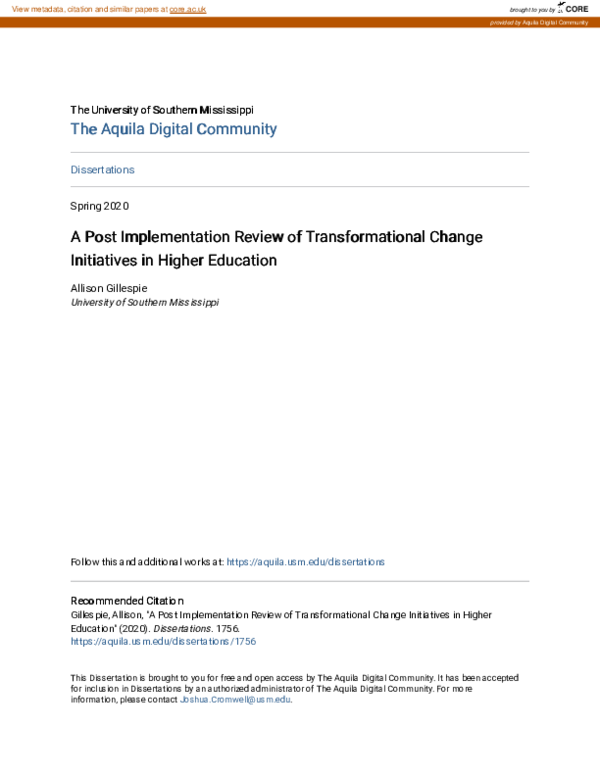 (PDF) A Post Implementation Review of Transformational Change Initiatives in Higher Education ...