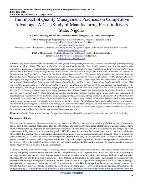 (PDF) The Impact of Quality Management Practices on Competitive Advantage: A Case Study of ...