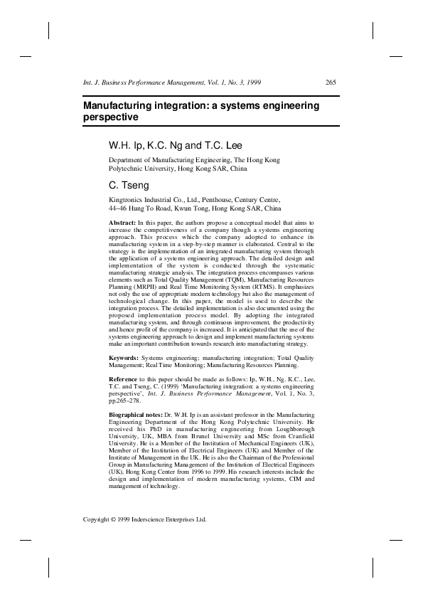 (PDF) Manufacturing integration: a systems engineering perspective