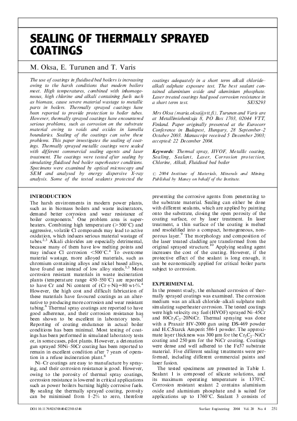 (PDF) Sealing of Thermally Sprayed Coatings