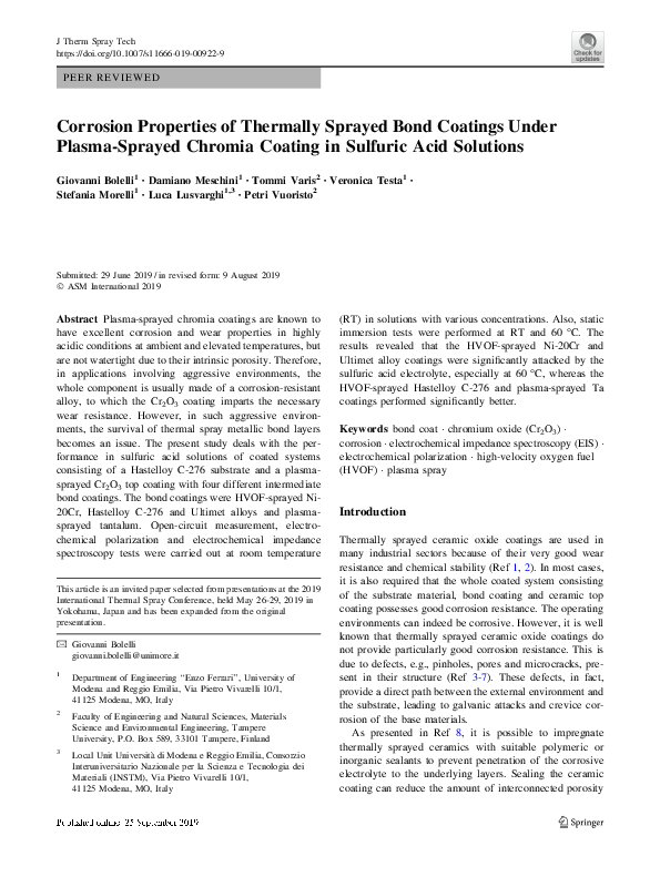 (PDF) Corrosion Properties of Thermally Sprayed Bond Coatings Under Plasma-Sprayed Chromia ...
