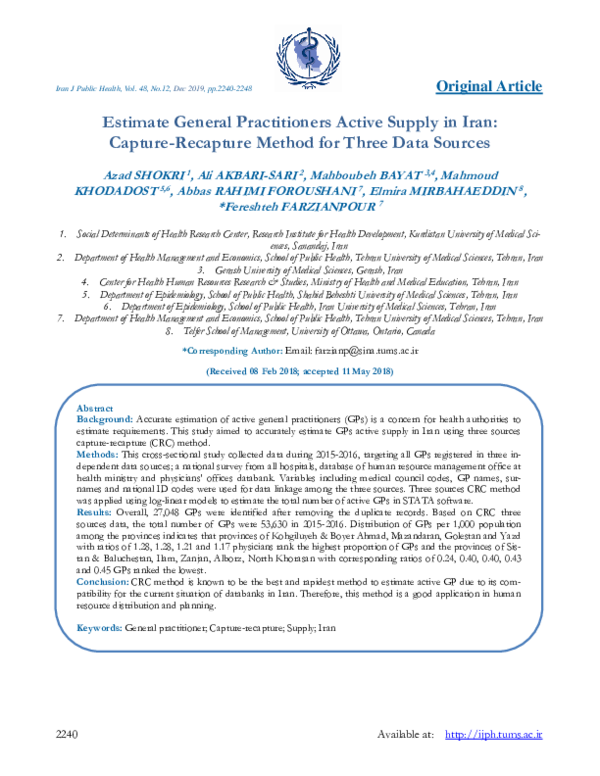 Pdf Estimate General Practitioners Active Supply In Iran Capture Recapture Method For Three