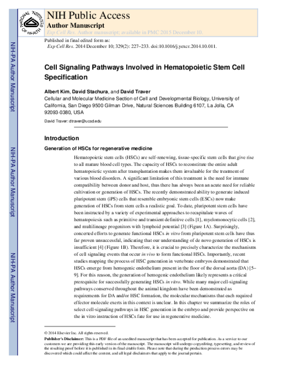 (PDF) Cell signaling pathways involved in hematopoietic stem cell ...