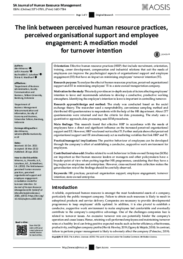 (PDF) The link between perceived human resource practices, perceived organisational support and ...