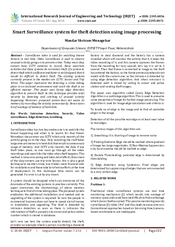 (PDF) Smart Surveillance system for theft detection using image processing