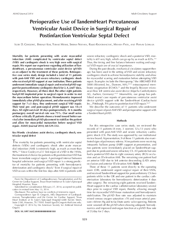 (PDF) Perioperative Use of TandemHeart Percutaneous Ventricular Assist ...
