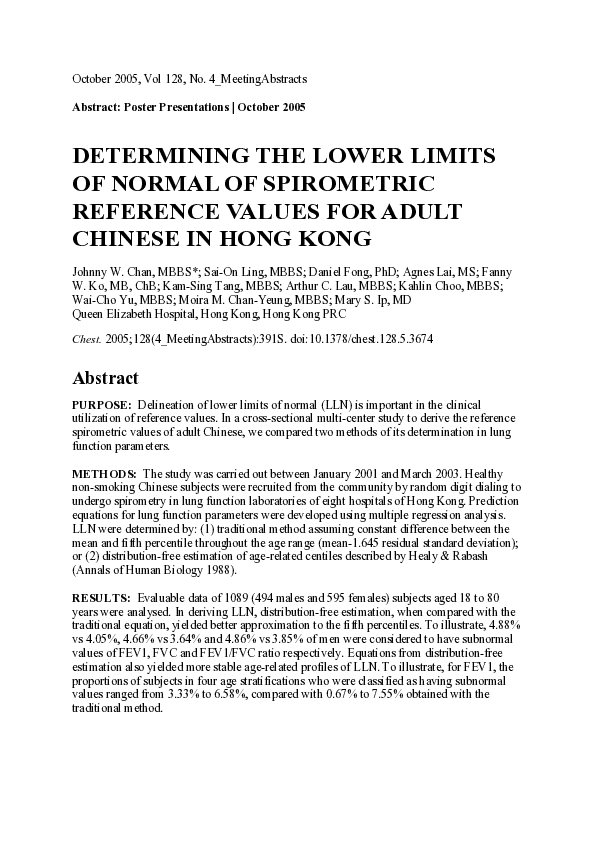 Pdf Determining The Lower Limits Of Normal Of Spirometric Reference Values For Adult Chinese