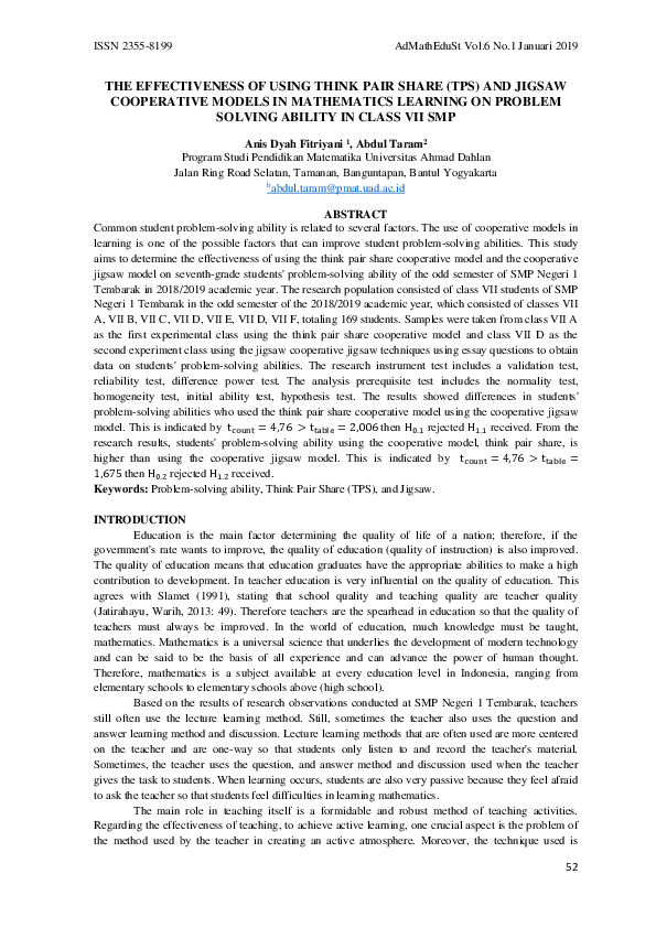 (PDF) The Effectiveness of Using Think Pair Share (TPS) and Jigsaw ...