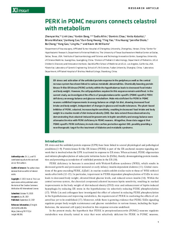 (PDF) PERK in POMC neurons connects celastrol with metabolism