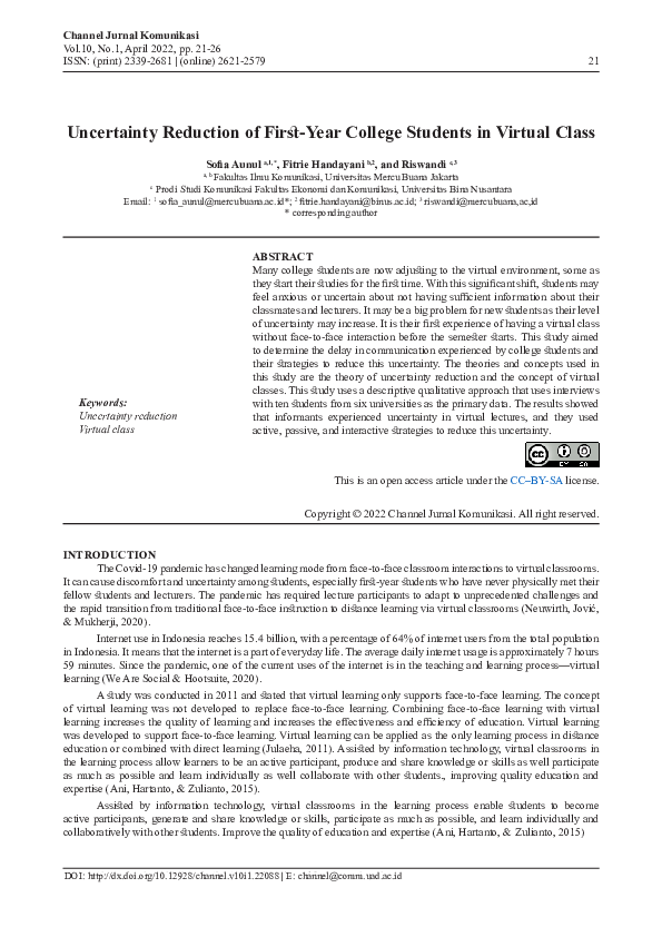 (PDF) Uncertainty Reduction of First-Year College Students in Virtual Class