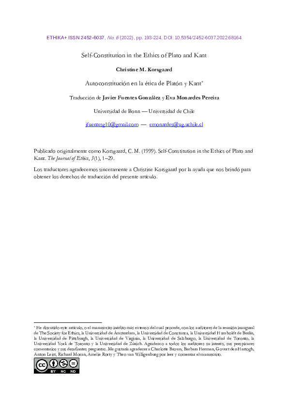 (PDF) Autoconstitución en la ética de Platón y Kant, de Christine Korsgaard