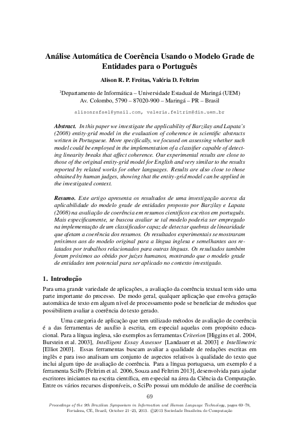 (PDF) Análise Automática de Coerência Usando o Modelo Grade de Entidades para o Português ...