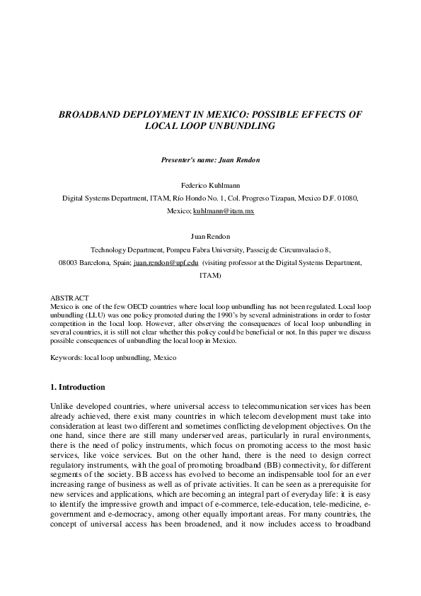 (PDF) Broadband Deployment in Mexico : Possible Effects of Local Loop