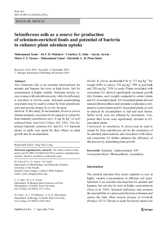 (PDF) Seleniferous soils as a source for production of selenium-enriched foods and potential of ...