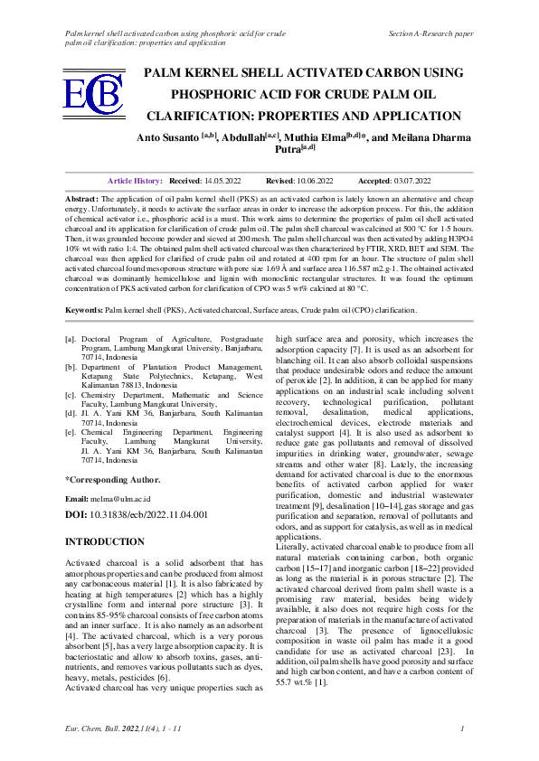 (PDF) Palm Kernel Shell Activated Carbon Using Phosphoric Acid for ...