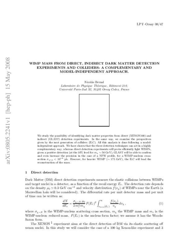 (PDF) Wimp Mass from Direct, Indirect Dark Matter Detection Experiments and Colliders: A ...