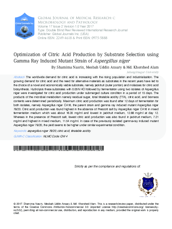 (PDF) Optimization of Citric Acid Production by Substrate Selection ...