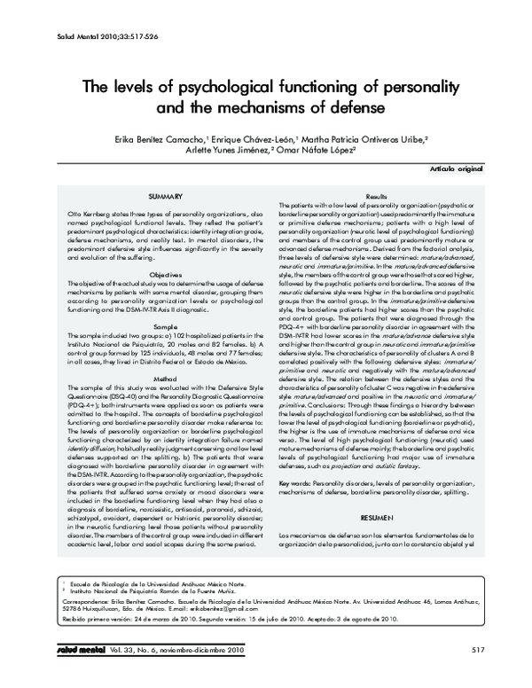 (PDF) The levels of psychological functioning of personality and the ...