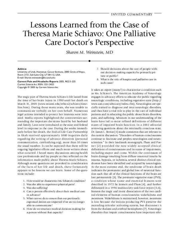 (PDF) Lessons learned from the case of Theresa Marie Schiavo: One ...