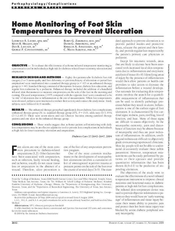 (PDF) Home Monitoring of Foot Skin Temperatures to Prevent Ulceration