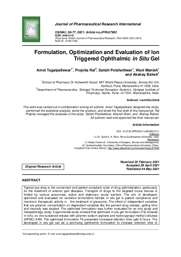 Pdf Formulation Optimization And Evaluation Of Ion Triggered Ophthalmic In Situ Gel