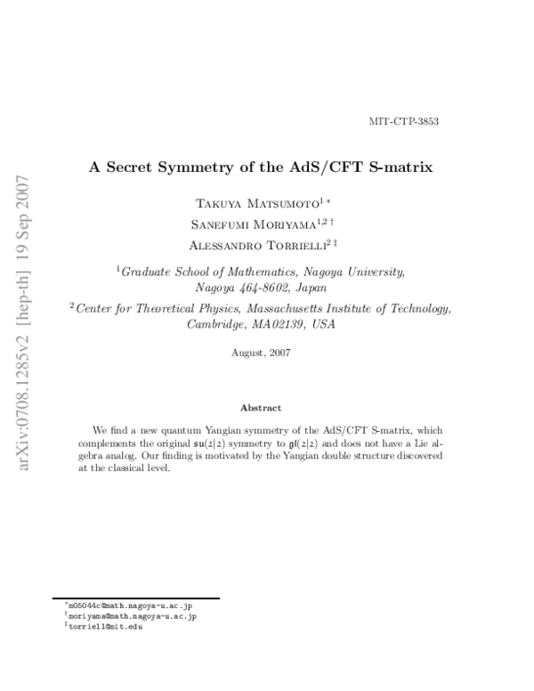 (PDF) A SECRET SYMMETRY OF AdS/CFT S-MATRIX