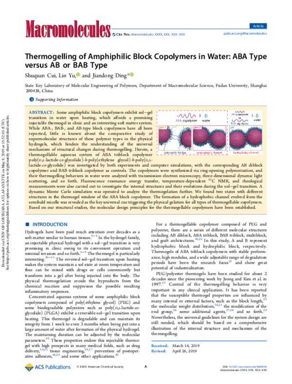 (PDF) Thermogelling of Amphiphilic Block Copolymers in Water: ABA Type ...