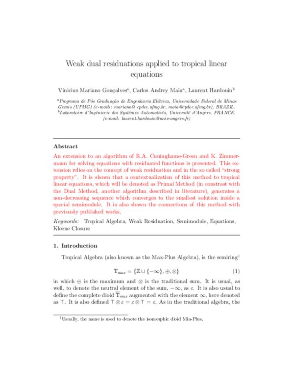 Weak dual residuations applied to tropical linear equations