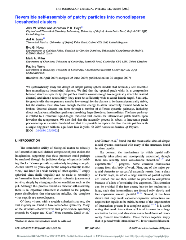 (PDF) Reversible self-assembly of patchy particles into monodisperse icosahedral clusters