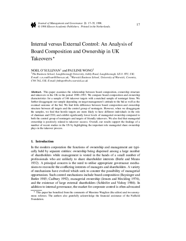 (PDF) Internal versus External Control: An Analysis of Board Composition and Ownership in UK ...