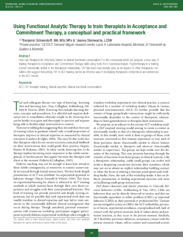 Pdf Using Functional Analytic Therapy To Train Therapists In Acceptance And Commitment Therapy