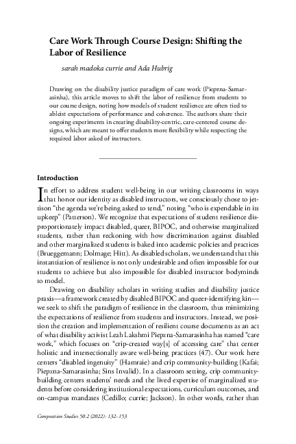 (PDF) Care Work Through Course Design: Shifting the Labor of Resilience