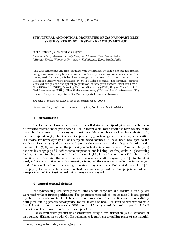 (PDF) STRUCTURAL AND OPTICAL PROPERTIES OF ZnS NANOPARTICLES ...