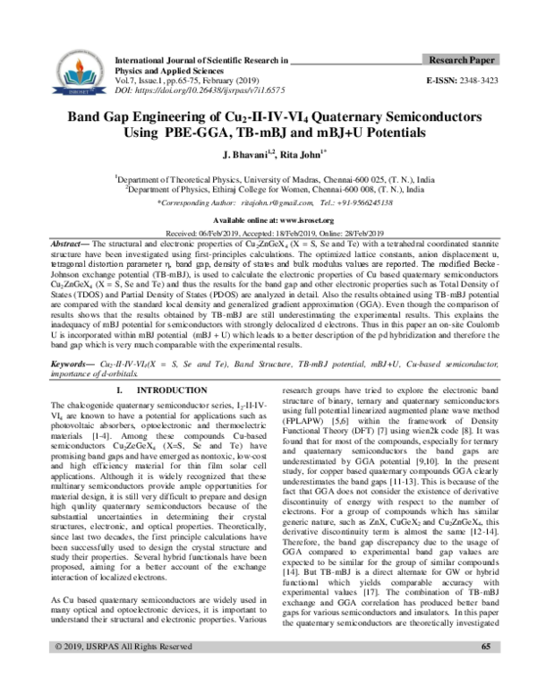 (PDF) Band Gap Engineering of Cu2-II-IV-VI4 Quaternary Semiconductors Using PBE-GGA, TB-mBJ and ...