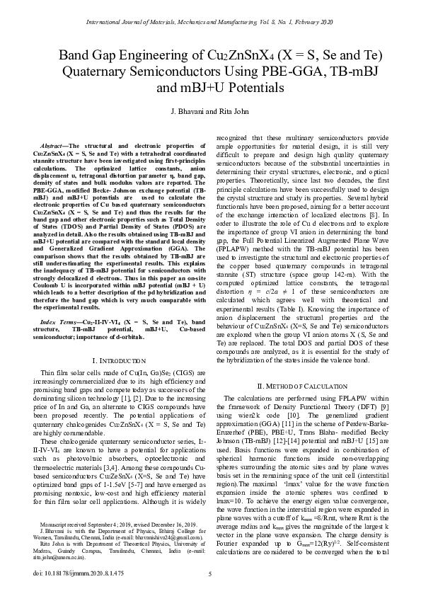 (PDF) Band Gap Engineering of Cu2ZnSnX4 (X = S, Se and Te) Quaternary ...