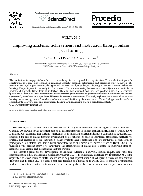 (PDF) Improving academic achievement and motivation through online peer ...