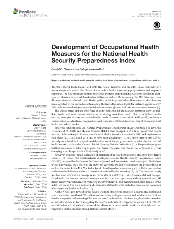 (PDF) Development of Occupational Health Measures for the National ...