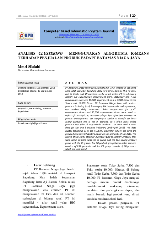 Pdf Analisis Clustering Menggunakan Algoritma K Means Terhadap Penjualan Produk Padapt Batamas