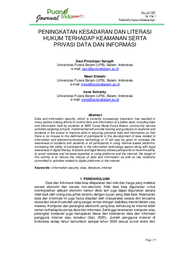 (PDF) Peningkatan Kesadaran Dan Literasi Hukum Terhadap Keamanan Serta Privasi Data Dan Informasi