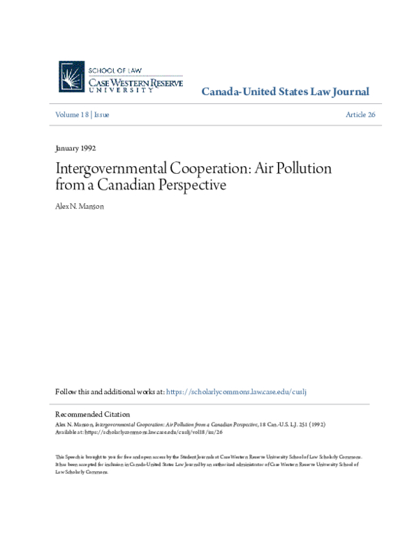 (PDF) Intergovernmental Cooperation: Air Pollution from a Canadian ...