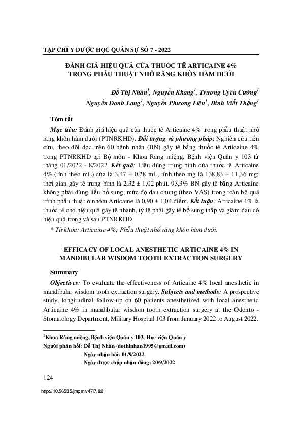 (PDF) Đánh Giá Hiệu Quả Của Thuốc Tê Articaine 4% Trong Phẫu Thuật Nhổ Răng Khôn Hàm Dưới ...