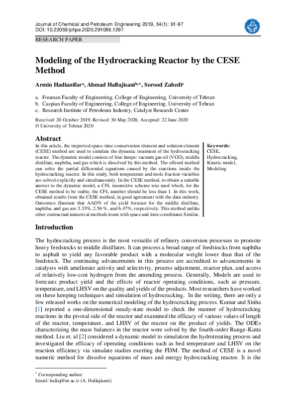 (PDF) Modeling of the Hydrocracking Reactor by the CESE Method | sorood zahedi - Academia.edu